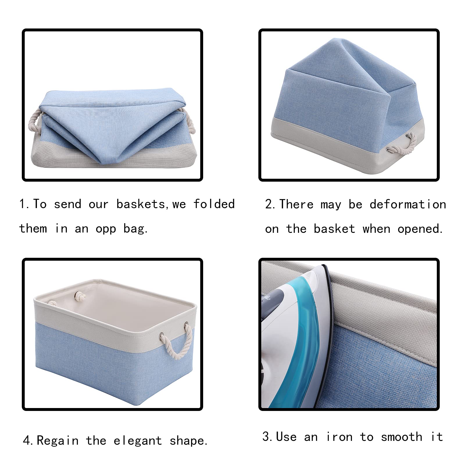 Fabric Storage Basket, Foldable Linen Storage Box for Nursery and Home, Collapsible Canvas Shelf Basket for Wardrobe or Bedroom, Blue and White