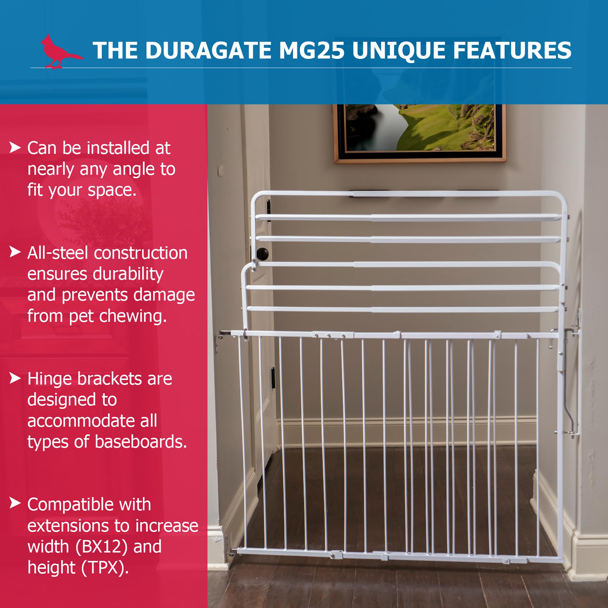 Cardinal Gates MG25 Duragate Baby Gate - Adjustable Dog Gate - Steel Safety Gate for Kids & Pets - 26.5 to 41.5 Inches Wide - White