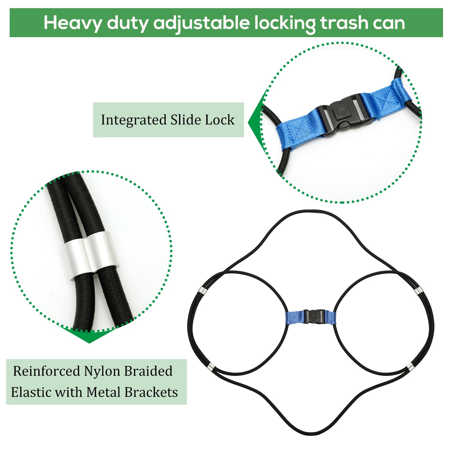 XIHIRCD Trash Can Lock, Lid Lock for 30-50 Gallon Outdoor Garbage Cans Heavy Duty Elastic Garbage Bin Bungee Cords for Animals, Squirrels, Dogs, Raccoons, Keeps Trash Secure