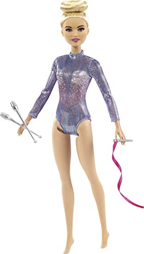 Barbie Rhythmic Gymnast Fashion Doll with Blonde Hair & Brown Eyes, Shimmery Leotard, Baton & Ribbon Accessories 12 Inch