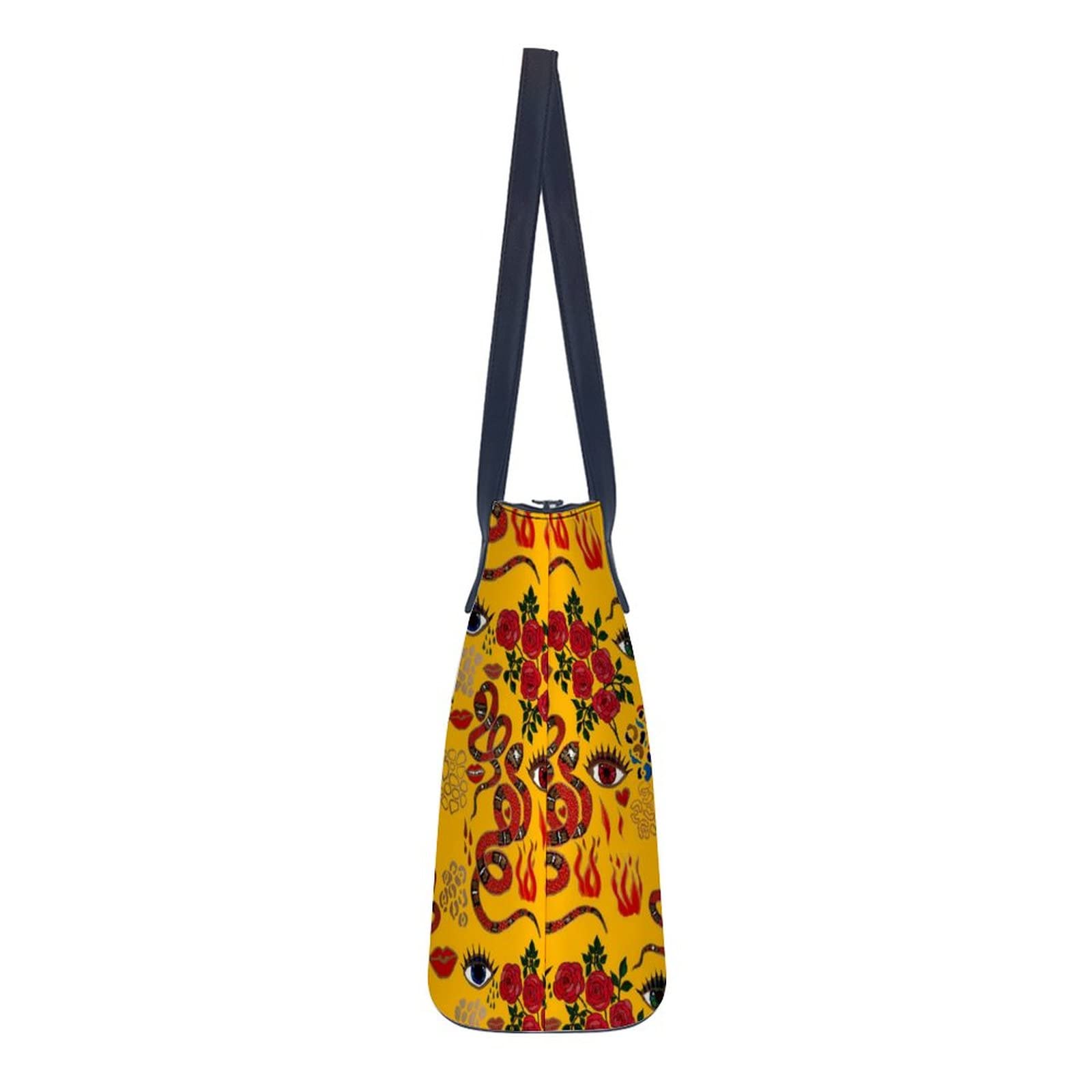 Snakes Lips Eyes Roses Flame Women's Tote Bag PU Leather Shoulder Bag Handbags Purse For Work Shopping Travel