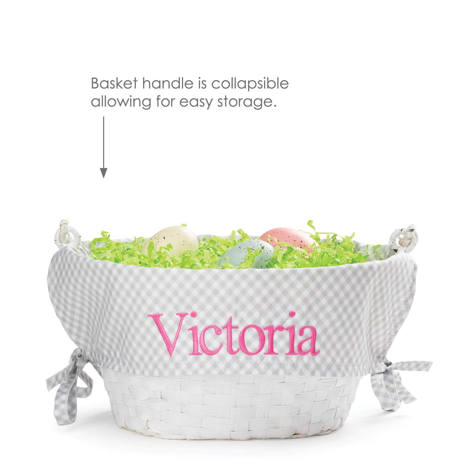 Personalized Planet Easter Basket with Gray Gingham Liner, White Basket, for Kids & Adults - Custom Name, Gift for Easter