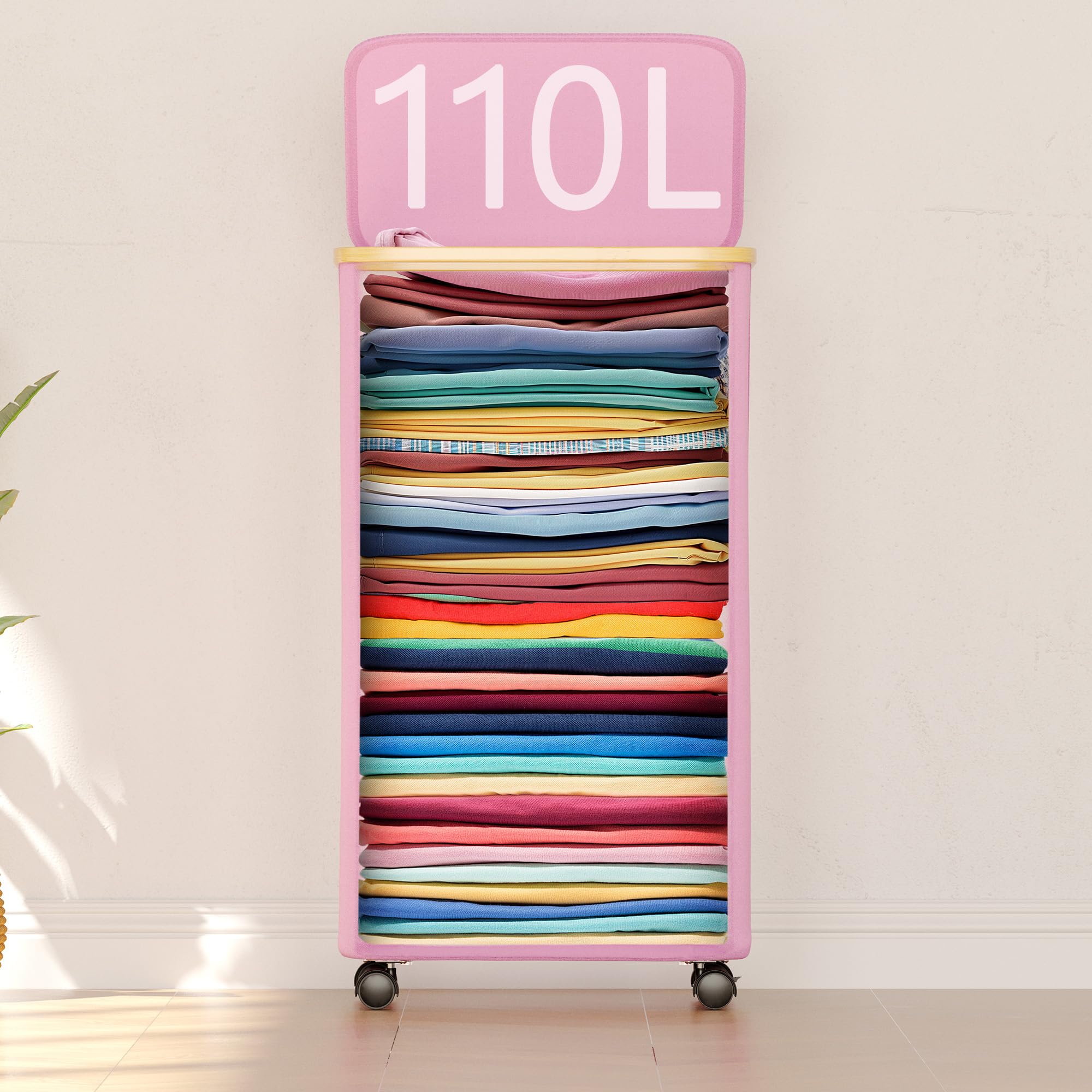 SUOCO Laundry Hamper with Wheels and Lid, 26 Gal (100L) Clothes Basket with Bamboo Handles, Large Foldable Laundry Hamper for Bedroom, Bathroom, Dorm, Laundry Room - Pink