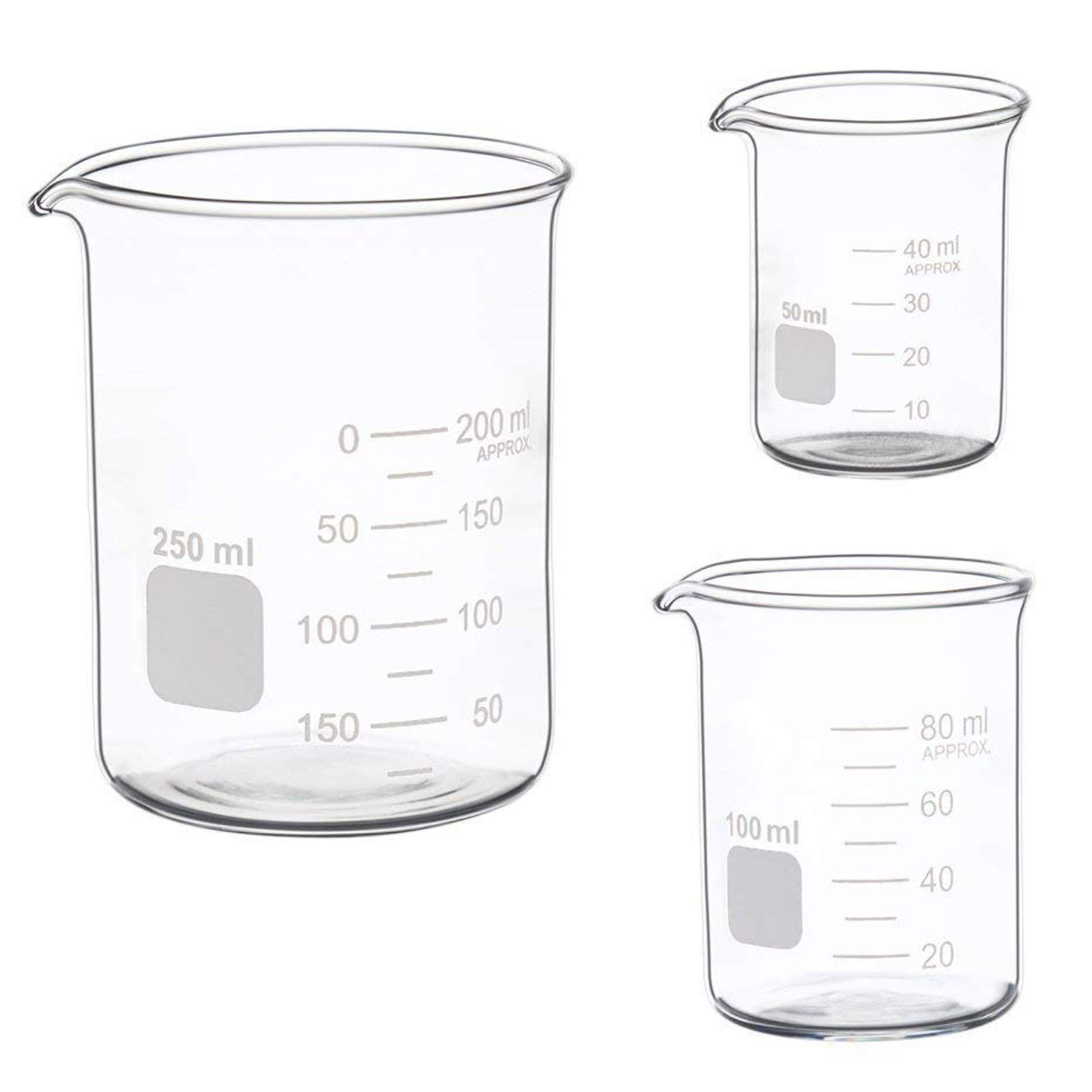 Glass Measuring Low Form Beaker Set 50ml 100ml 250ml and Thick Glass Graduated Measuring Cylinder Set 5ml 10ml 50ml 100ml