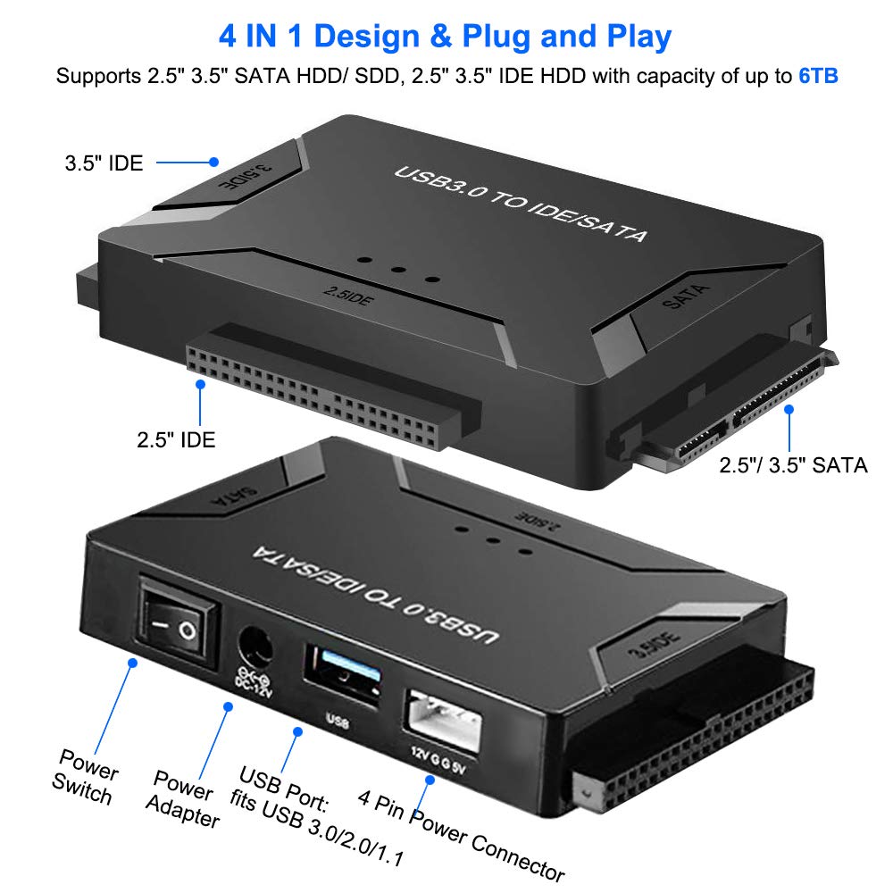USB to SATA IDE HDD Adapter - USB 3.0 Cable to 2.5" 3.5" SATA IDE Hard Drive Converter for Windows 10/8/ 7/XP, Mac, Internal to External Laptop SSD Reader Kit, File Data Transfer Conversion Cord