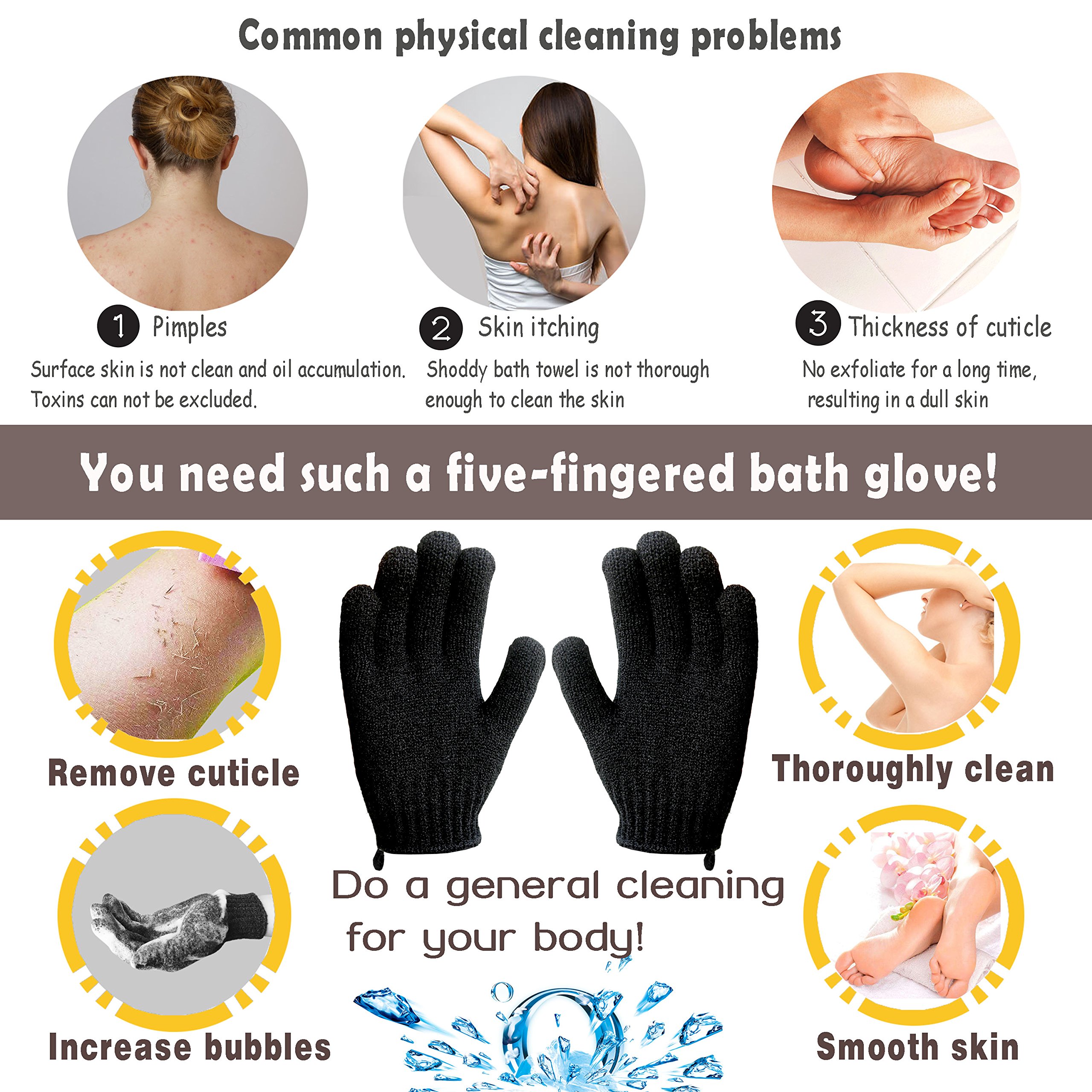 MIG4U Exfoliating Shower Gloves for Bath, Premium Nylon Body Wash Bathing Gloves for Men Women Spa, Massage and Skin Scrub, Dead Skin Remover with Hanging Loop, Black, Large