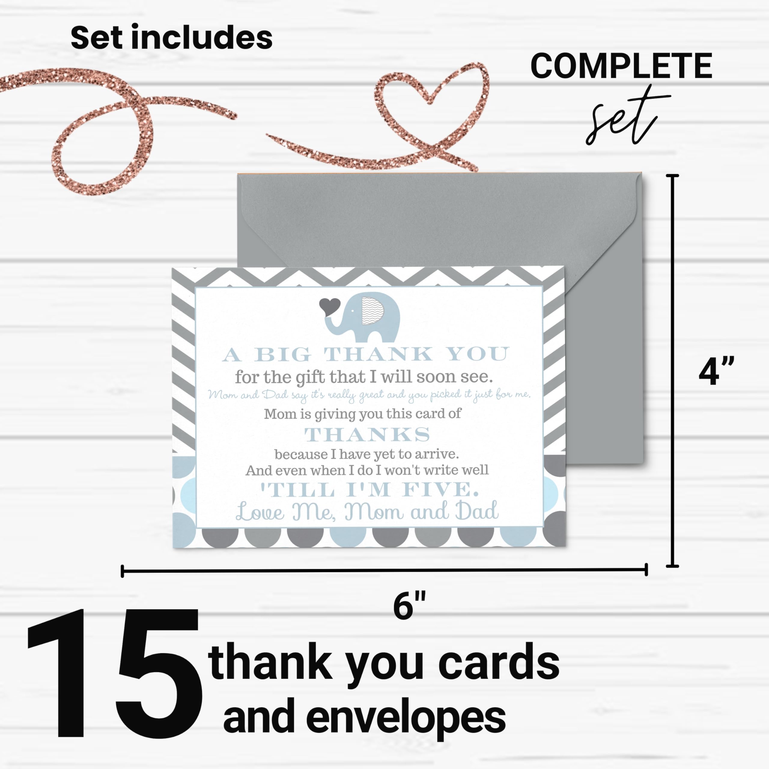 Paper Clever Party Blue Elephant Baby Shower Thank You Cards with Envelopes Blank Notes Prefilled Message Boys Personalize for Registry Gifts Cute Jungle Animal Set 4x6, 15 Pack Printed