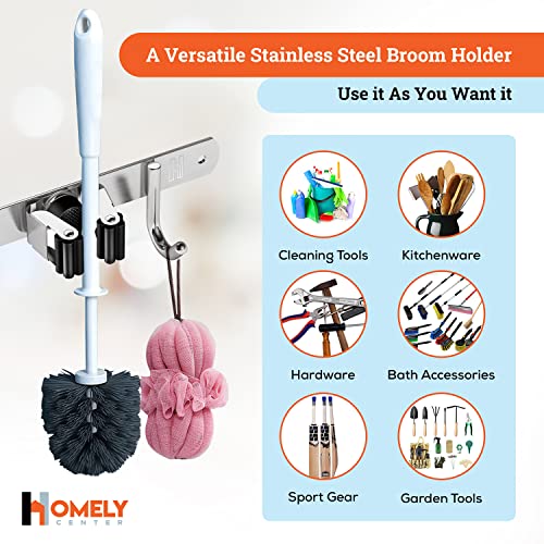 Homely Center Mop and Broom Holder Wall Mount β Heavy-Duty Broom Closet Organizer for Garage, Kitchen, Laundry Organization β Broom and Mop Holder β Tool Hanger with 3 broom racks and 4 broom hooks