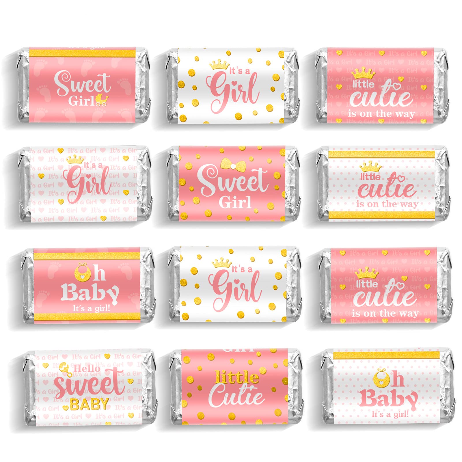 Baby Shower Candy Wrappers, Shower Mini Candy Bar Miniatures Wrappers Chocolate Bar Label Stickers for Boys Girls Kids Baby Shower Decor (No Candy)(Pink Girl Style, 90 Pieces)