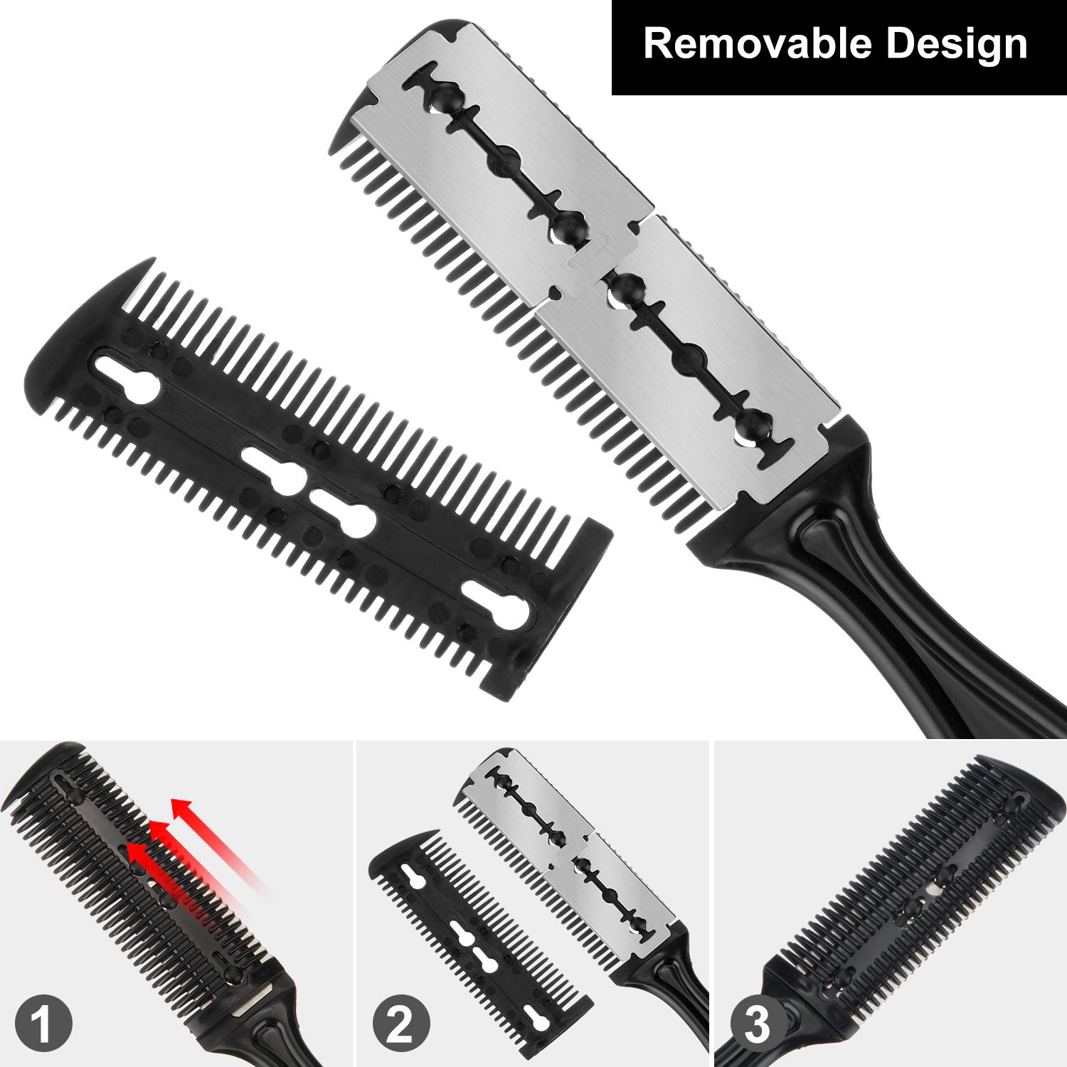 3 Pieces Razor Comb with 10 Pieces Razors, Hair Cutter Comb Cutting Scissors, Double Edge Razor, Hair Thinning Comb Slim Haircuts Cutting Tool (Black)