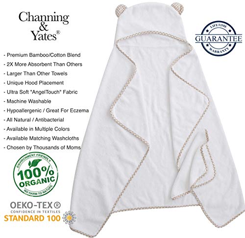 Channing & Yates Premium Hooded Baby Towel + (4 Piece) X-Large Washcloth Gift Bundle - Organic Bamboo Baby Towels and Washcloths- (Beige Gingham Bundle)…