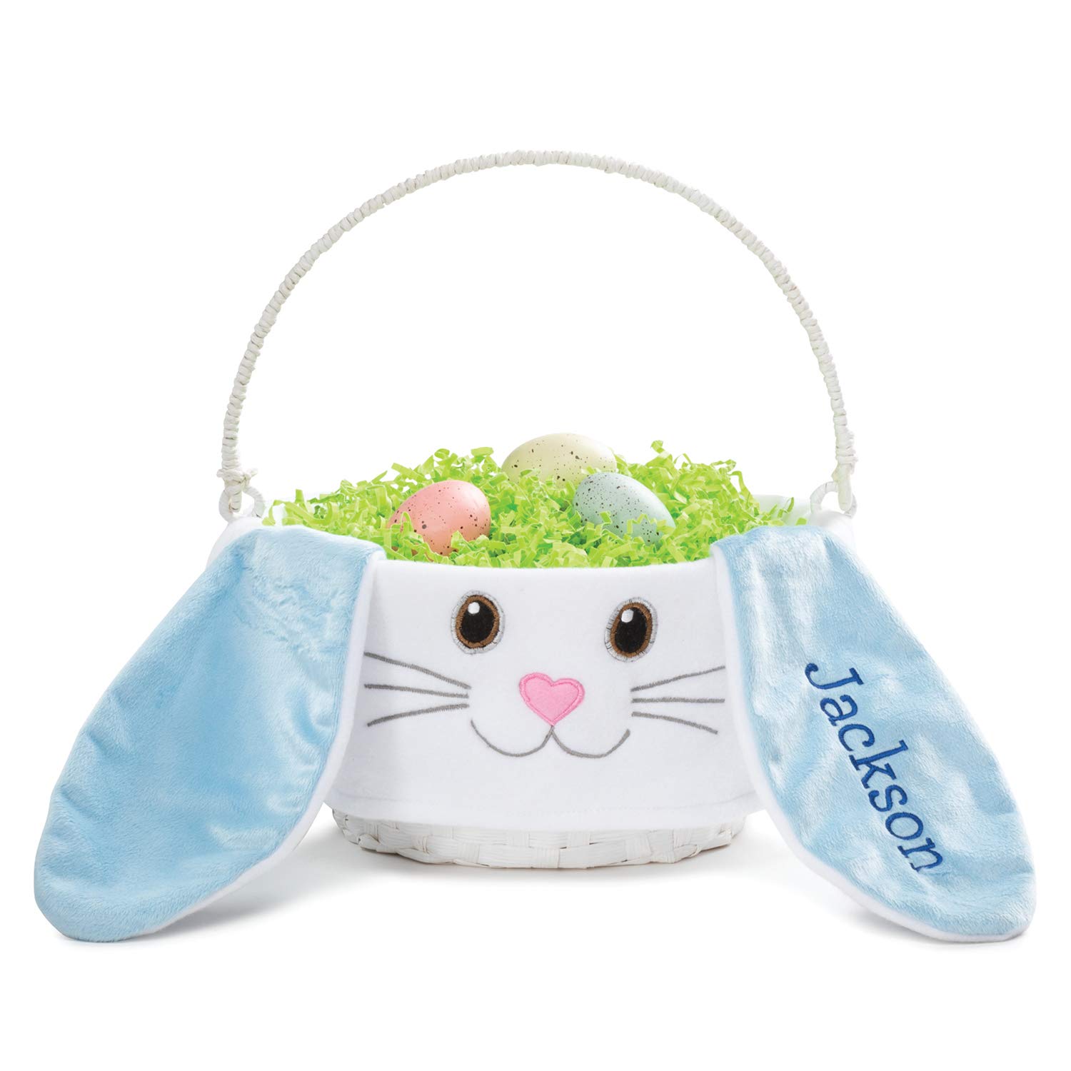 Personalized Floppy Ear Easter Egg Basket with Handle and Custom Name | Boy Bunny Easter Basket Liners | White Basket | Woven Easter Baskets for Kids | Customized Easter Basket | Gift for Easter