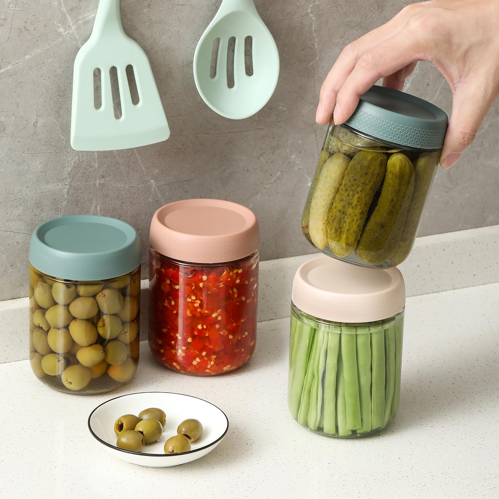NETANY 3-pack 16oz Glass jars with Airtight Lids, Overnight Oats Containers with Lids, Wide mouth Mason Salad jars, Glass Food Storage Containers for Snacks Yogurt Spice Sugar