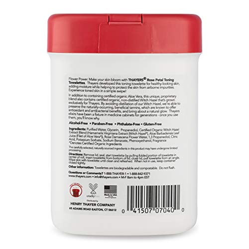 THAYERS Alcohol-Free Witch Hazel Toning Towelettes with Aloe Vera, Rose Petal, 25 Count