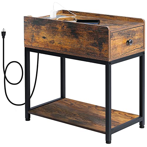 AMHANCIBLE End Table Living Room with Charging Station, Narrow Nightstand with USB Ports & Power Outlets, Slim Bedside Table for Small Spaces, Bedroom, Rustic Brown HET04LDBR1