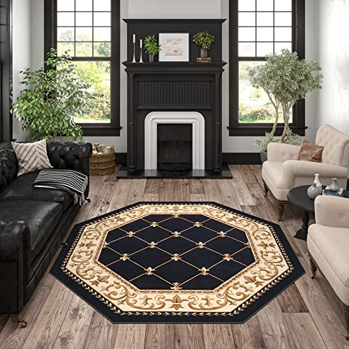6ft Octagon Indoor Area Rug for Living Room, Dining Room, Bedroom, Entryway | Alfombras para Salas | Traditional, Oriental | Black 5'3'' Octagon