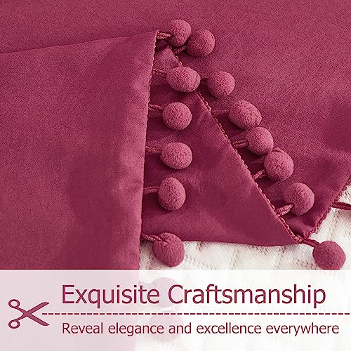 Andency Pom Pom Fringe Duvet Cover Queen Size (90x90 Inch), 3 Pieces (1 Solid Burgundy Red Duvet Cover, 2 Pillowcases) Soft Washed Microfiber Duvet Cover Set with Zipper Closure, Corner Ties