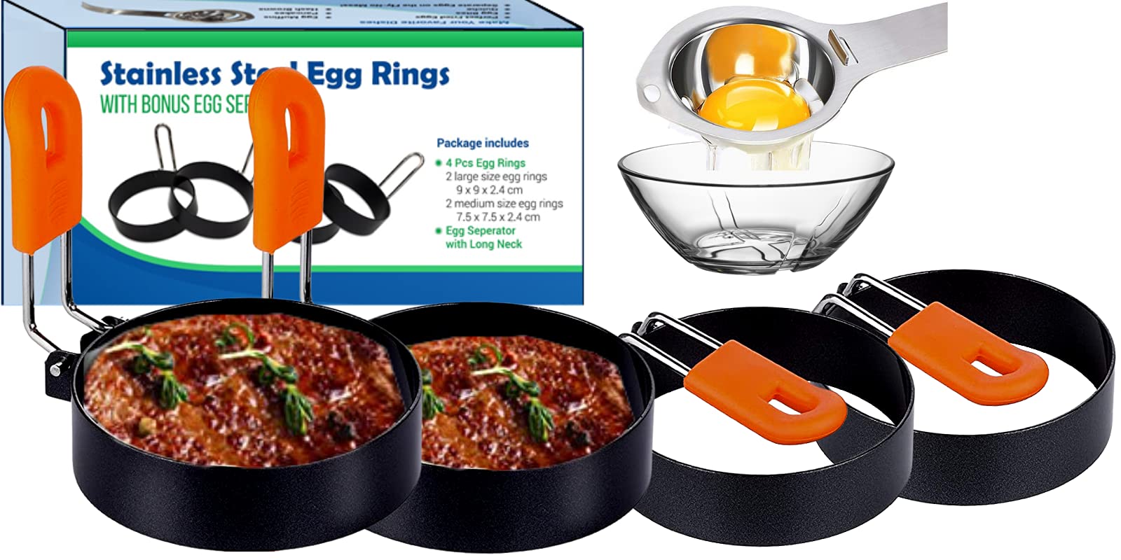 4 Pack Stainless Steel Egg Rings with Egg Separator, Round Professional Pancake Mold, Non Stick Round Mold for Fried Eggs, Omelet Egg Sandwich mold & Shaping Eggs, Household Kitchen Cooking Tool