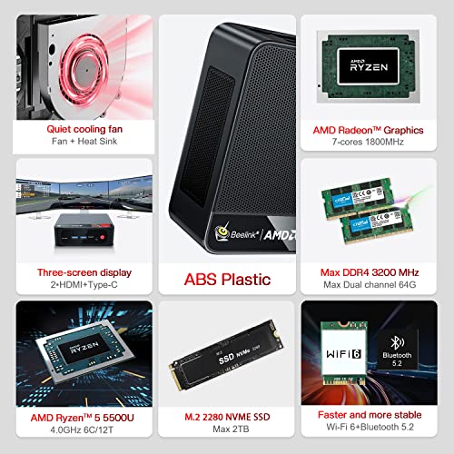 Beelink SER5 Mini PC, AMD Ryzen 5 5500U 6 Core(Up to 4.0GHz), 16GB DDR4 RAM 500GB NVMe M.2 SSD, Mini Desktop Computer Support 4K@60Hz Triple Display/USB 3.2/HDMI/DP/WiFi 6/BT5.2 for Home/Office/Gaming