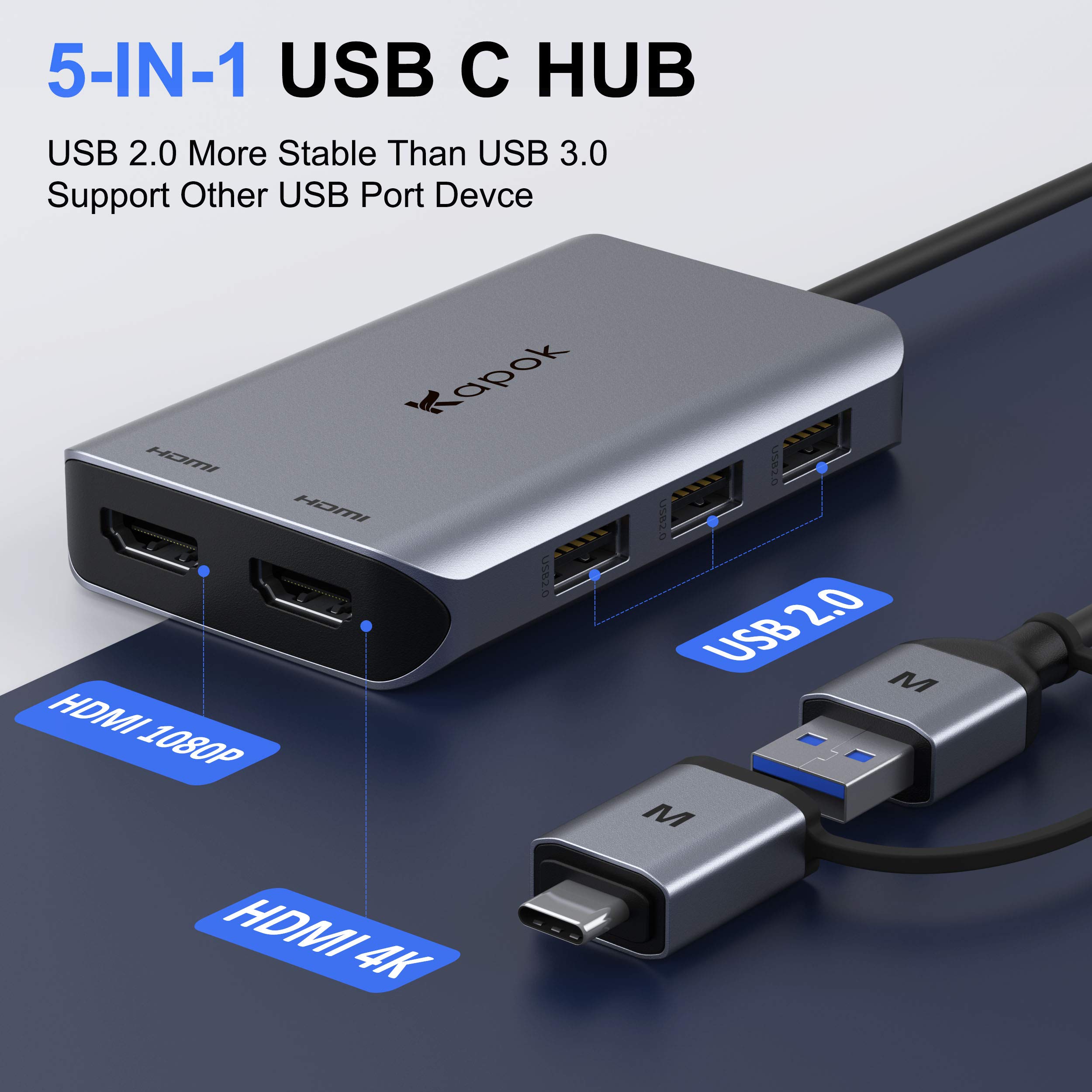 USB 3.0 to Dual HDMI Adapter for MacOS M1 M2 & Windows, USB 3.0 Laptop Docking Station to Dual Monitor, USB A/C 3.0 Hub Splitter for MacBook Pro/Air, Dell/HP/Lenovo, Surface, Chromebook, Thinkpad