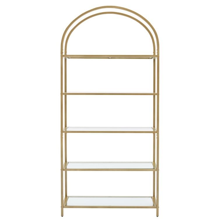5-Tier Open Bookshelf, 72,2" Industrial Arched Bookcase Storage Shelves with Metal Frame, Freestanding Display Rack Tall Shelving Unit for Office, Bedroom, Living Room (Gold)