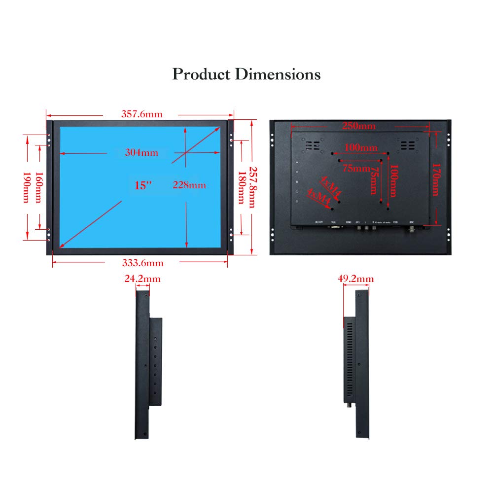 iChawk 15'' inch PC Monitor 1024x768 4:3 HDMI-in VGA USB Built-in Speaker Embedded Open Frame Wall-Mounted Support Linux Ubuntu Raspbian Debian OS Resistive Touch LCD Screen Display K150MT-59RL