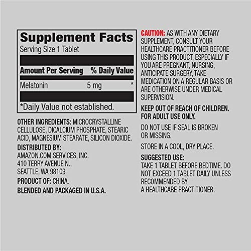 Amazon Elements Melatonin 5mg, Vegan, Helps with occasional sleeplessness, 195 Capsules, 6 month supply (Packaging may vary)