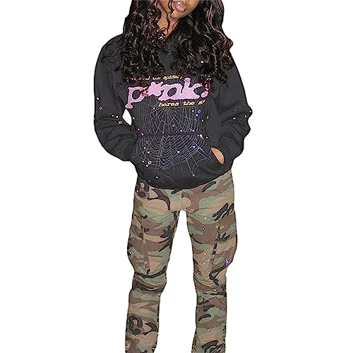 Amiblvowa Y2k Hoodies for Women Man Spider Web Graphic Oversized Hooded Pullover Sweatshirt Sudaderas Gothic Jacket (A Black Pull On, S)