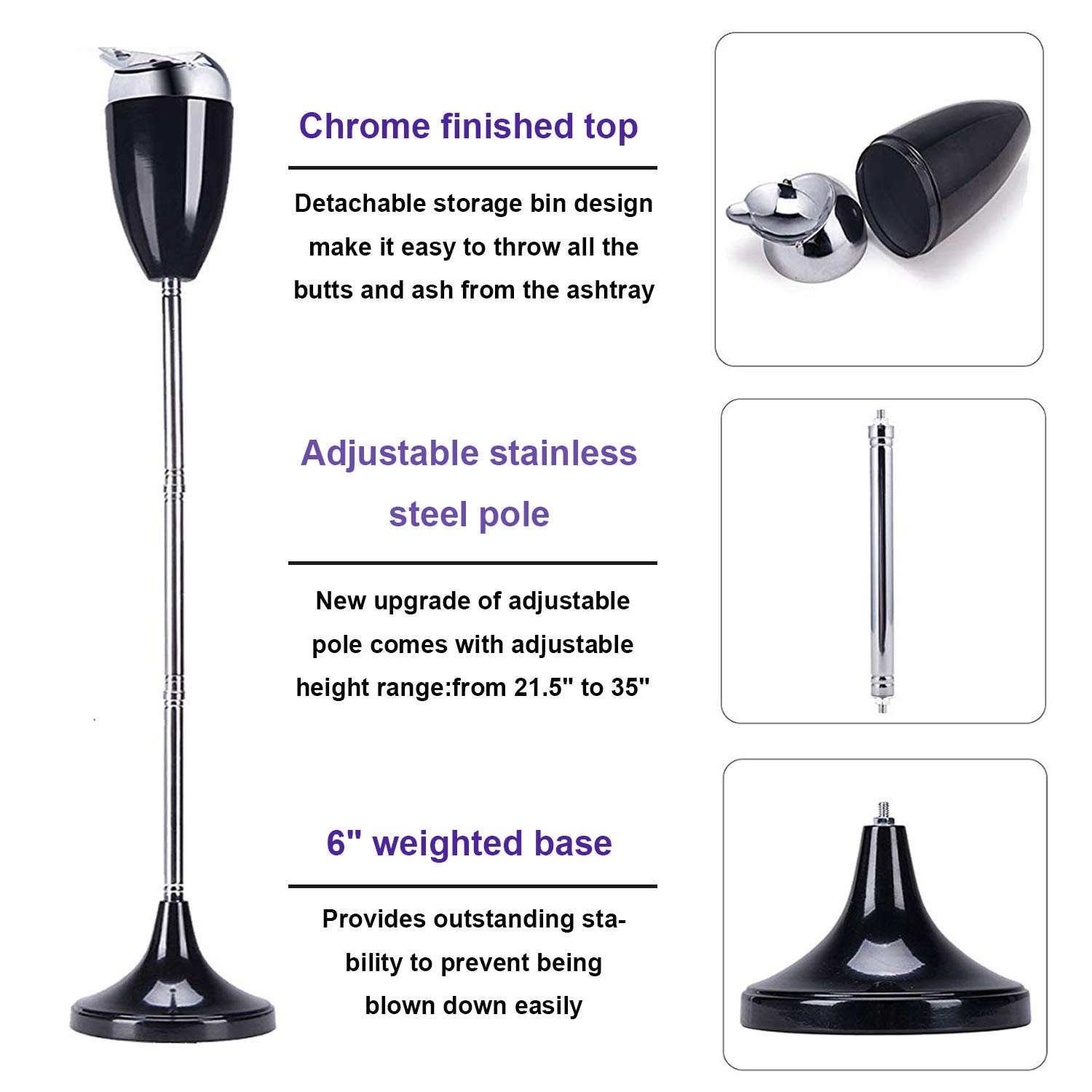 Floor Standing Ash Tray with Lid Adjustable Height from 21.5" to 35" Stainless Steel Contemporary Self-Cleaning Telescopic Smoking Ashtray Cigarette Ashtrays Tall Patio Windproof Ash Holder