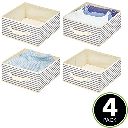 mDesign Soft Fabric Closet Organizer Box with Front Pull Handle for Shelves in Bedroom, Bathroom, Home Office - Holds Clothing, Linens, Accessories, Lido Collection, 4 Pack, Natural/Cobalt Blue Stripe