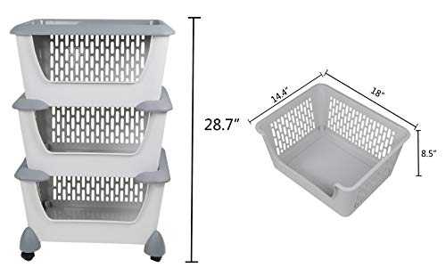 Hommp Gray Plastic Stacking Storage Organizer Basket with Wheels, Multi-function Stackable 3-Tier Storage Basket