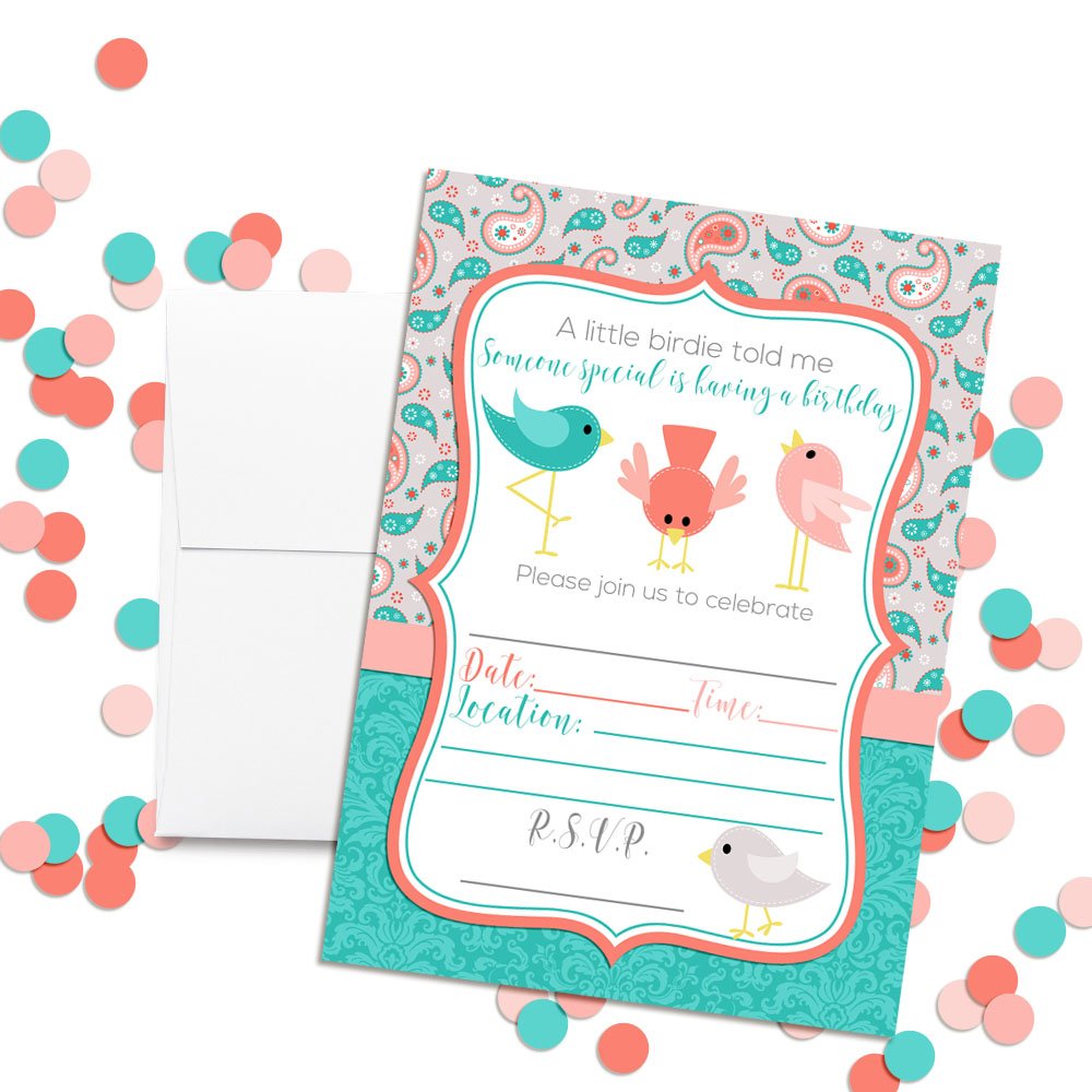 A Little Birdie Told Me Themed Birthday Party Celebration Invitations, 20 5x7 Fill In Cards with Twenty White Envelopes by AmandaCreation