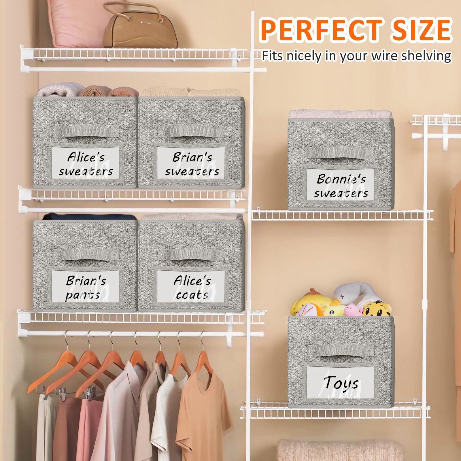 MISSLO 6 Pack Closet Storage Bins for Shelves with Label Holders Linen Closet Storage Basket for Organizing Clothes Organizers Non-Metal Fabric Storage Bin Organizer, Gray