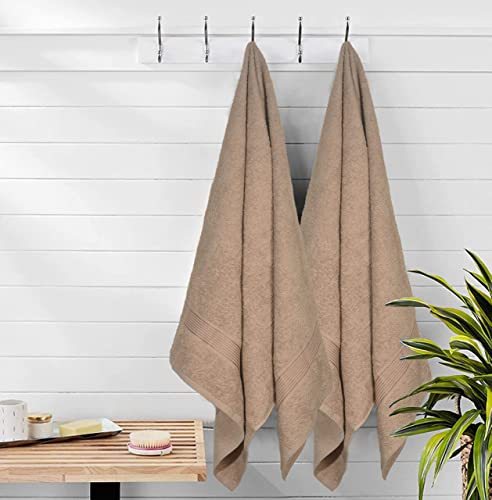 Belizzi Home Cotton 2 Pack Oversized Bath Towel Set 28x55 inches, Large Bath Towels, Ultra Absorbant Compact Quickdry & Lightweight Towel, Ideal for Gym Travel Camp Pool - Tan
