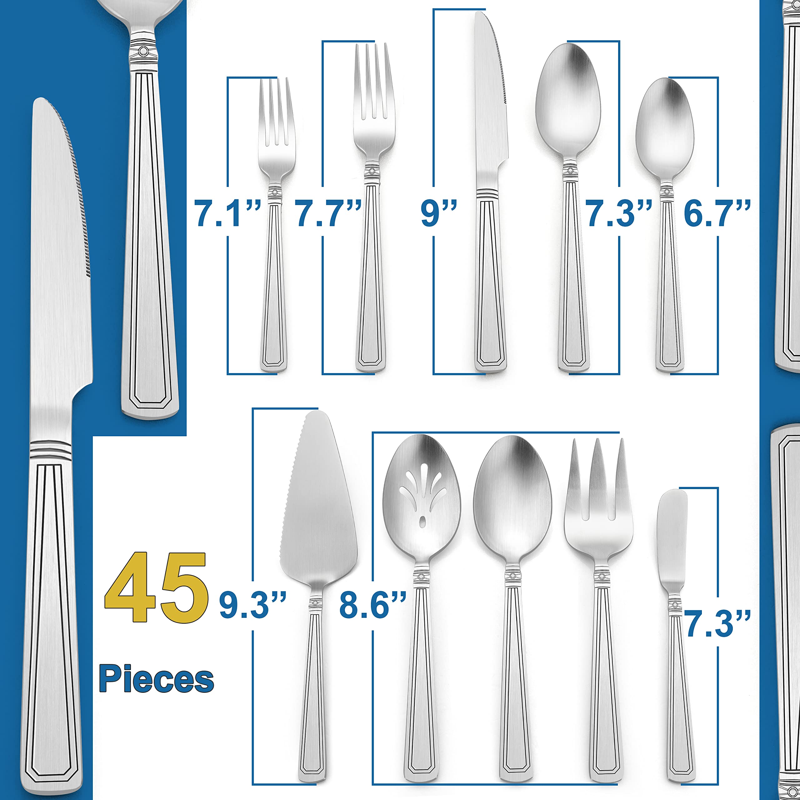 35-Piece Heavy Duty Silverware Set, E-far Stainless Steel Flatware Cutlery Set with Serving Utensils Service for 6, Antique Metal Tableware Eating Utensils for Kitchen Restaurant, Dishwasher Safe