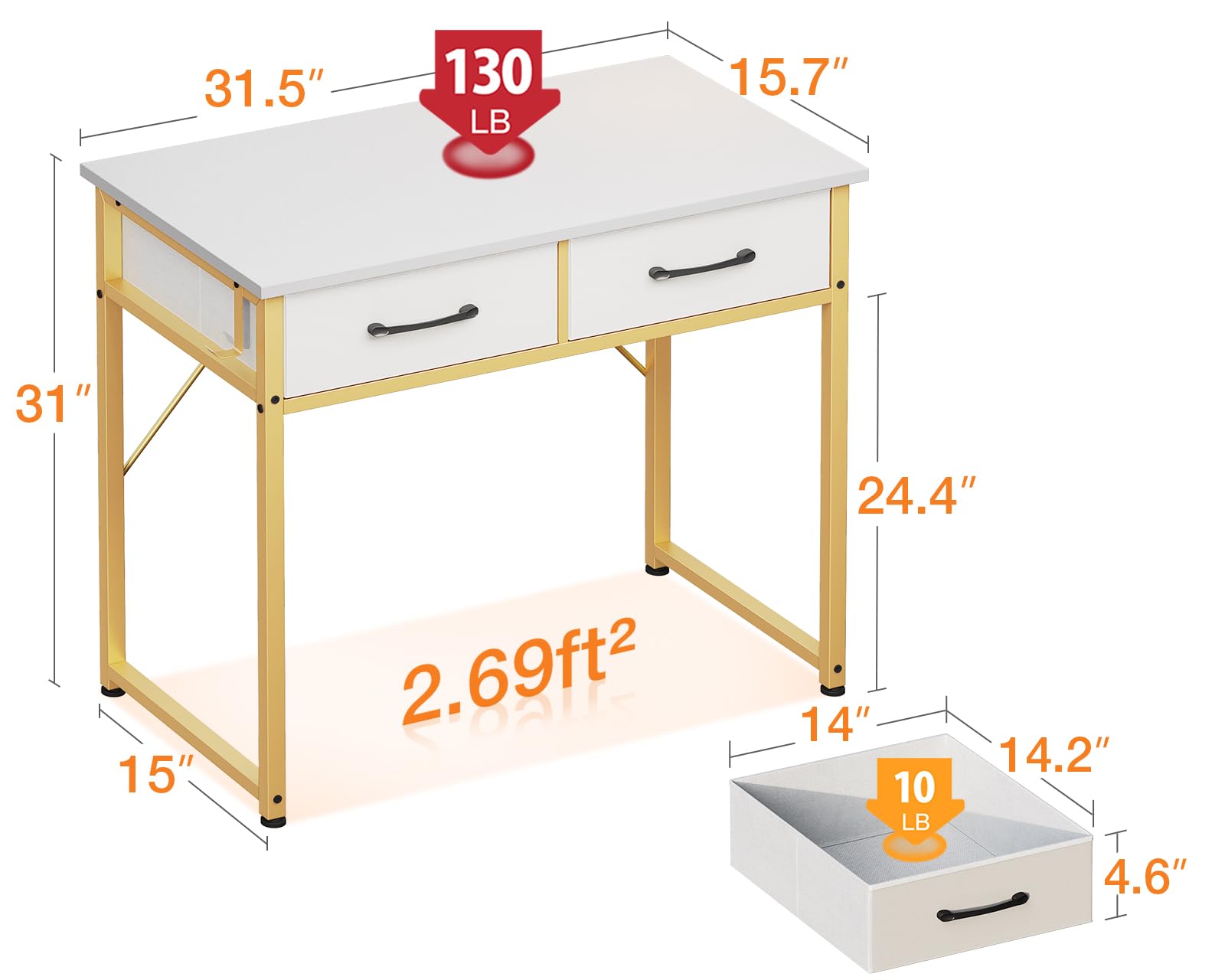 ODK Vanity Desk Without Mirror, Makeup Vanity with 2 Fabirc Drawers, White Vanity Dressing Vanity Table with Versatile Hook, 32 Inch Small Vanity for Bedroom, Desk Make Up for Girls, White and Gold