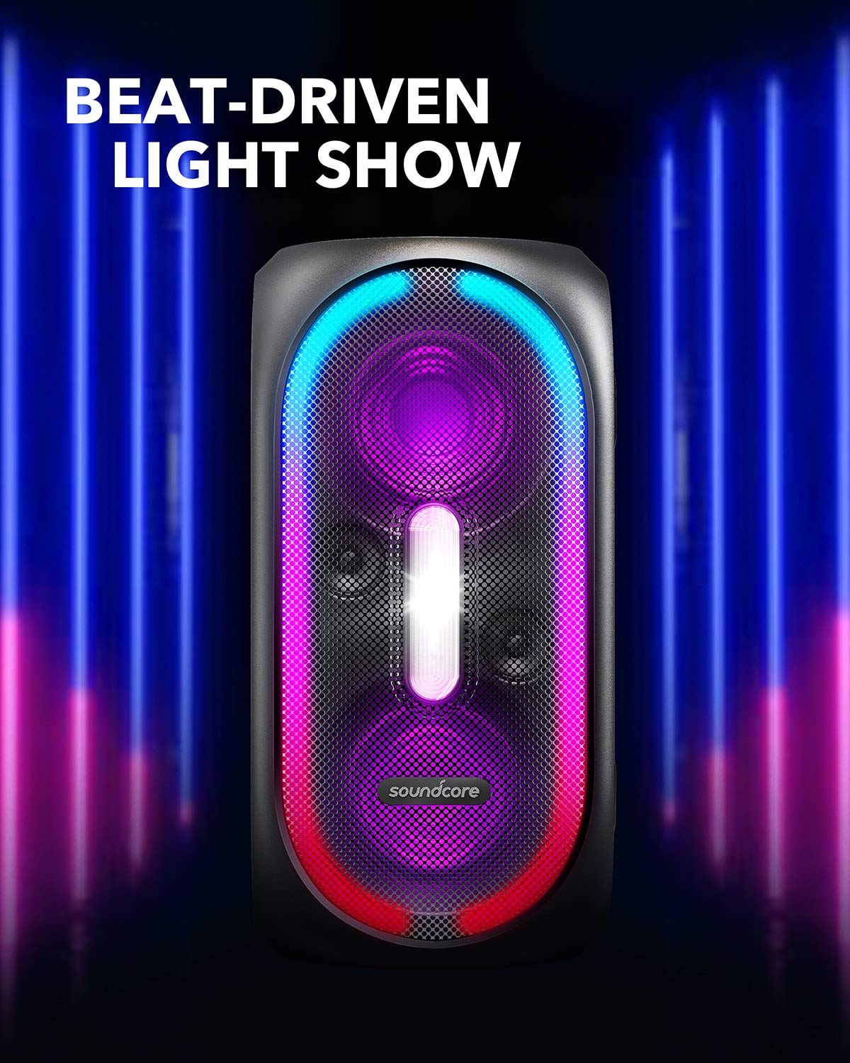 Anker Soundcore Rave Portable Speaker with 107dB Sound, Light Show, 24 Hour Playtime, PowerIQ, BassUp Technology, Water Resistant, Speaker with Microphone Input for Karaoke, BBQ, Outdoor