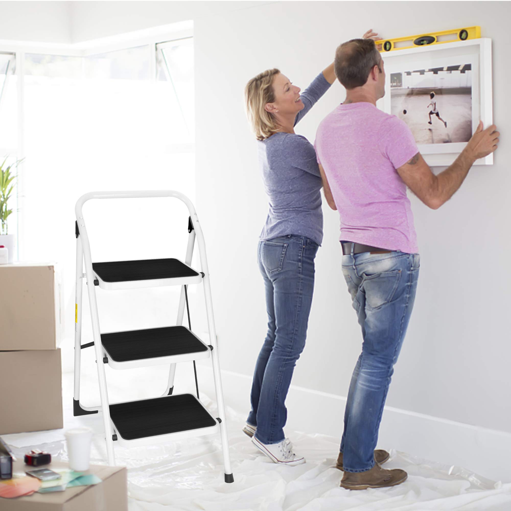 3 Step Stool, Gimify Folding Step Ladder Steel Stepladders Non-Slip Sturdy Steps Wide Pedal with Comfortable Hand Grip for Home Kitchen Garden Office 330 lbs