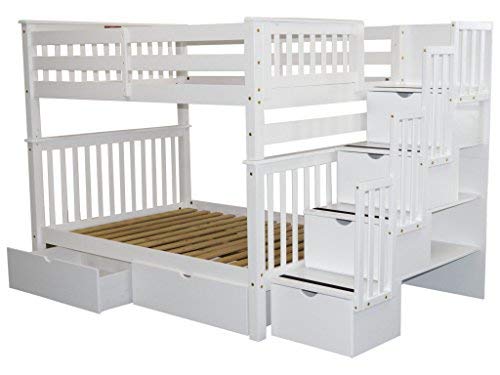 Bedz King Stairway Bunk Beds Full over Full with 4 Drawers in the Steps and 2 Under Bed Drawers, White