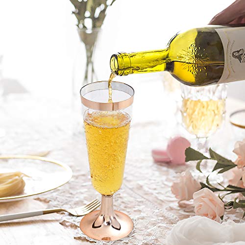 I00000 50 Pack Rose Gold Plastic Champagne Flutes, 5 Oz Fancy Rose Gold Champagne Glasses Plastic Classicware Plastic Toasting Glasses Disposable Party Cocktail Cups for Wedding & Party