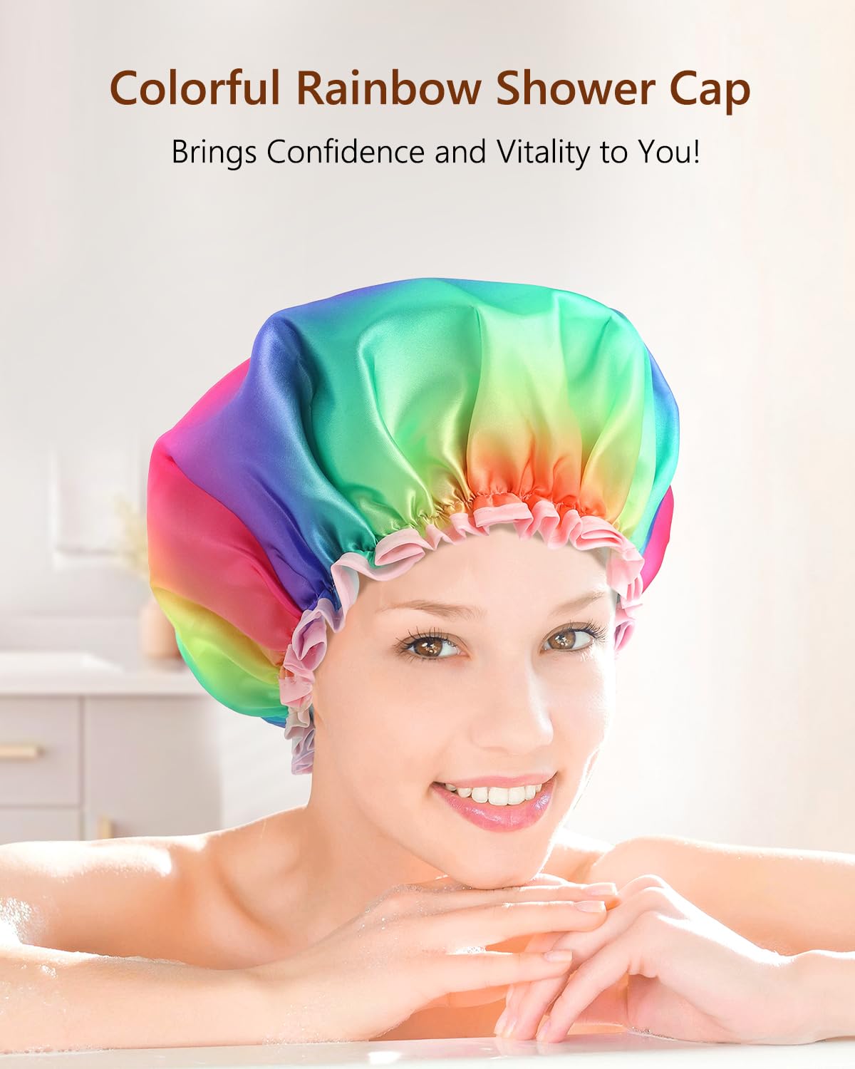 mikimini Shower Cap for Women Long Hair, 2 Pack,Double Layer Waterproof, X-Large, Reusable, Washable, No Smell, Rainbow Fashion Shower Cap