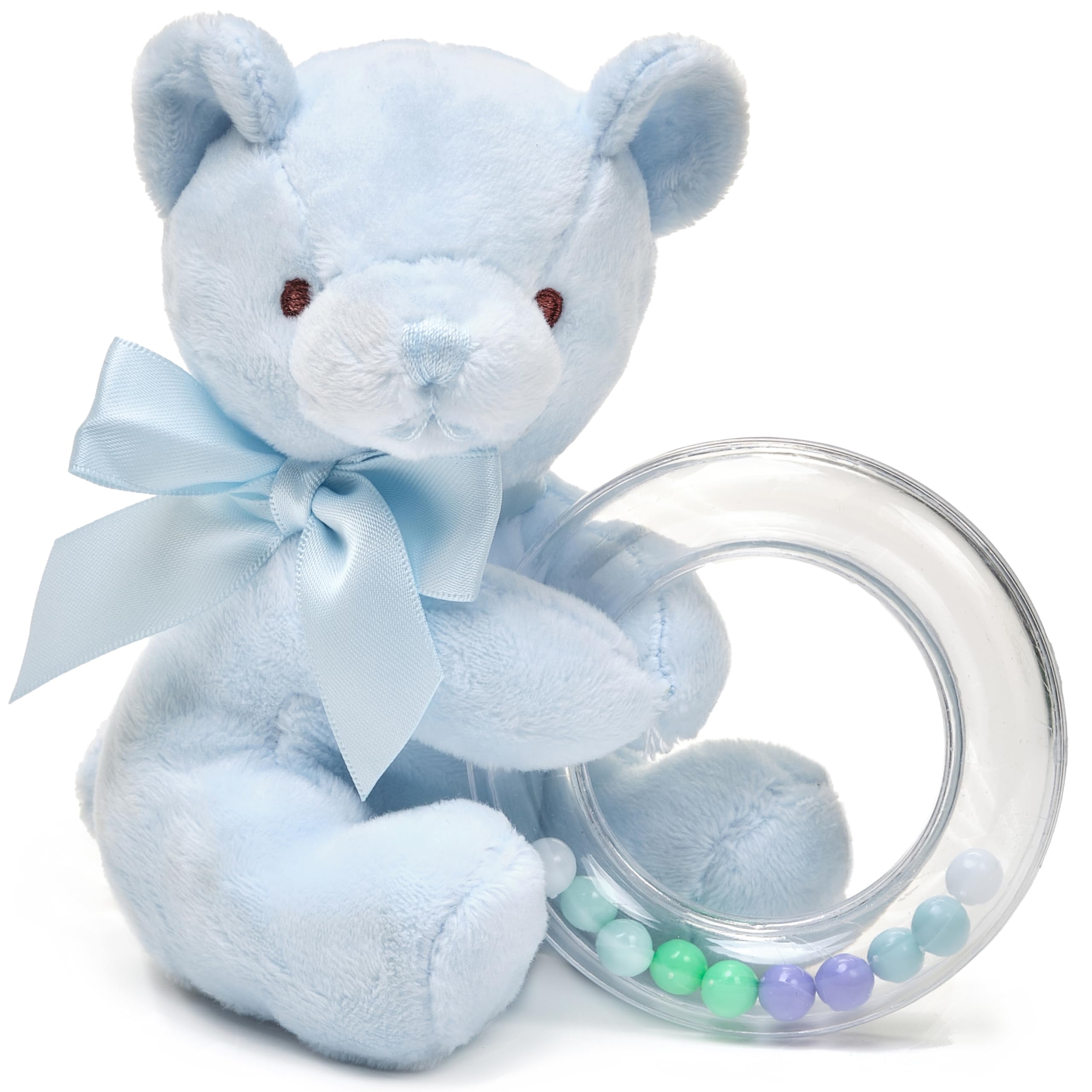Bearington Baby Polky Blue Plush Stuffed Animal Teddy Bear Shaker Toy Ring Rattle, 5"