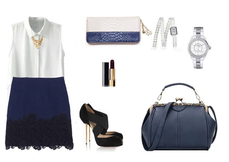 Arnosoar Vintage Kiss lock Handbag Women Purses Solid PU Leather Top-Handle Bag Indigo-blue