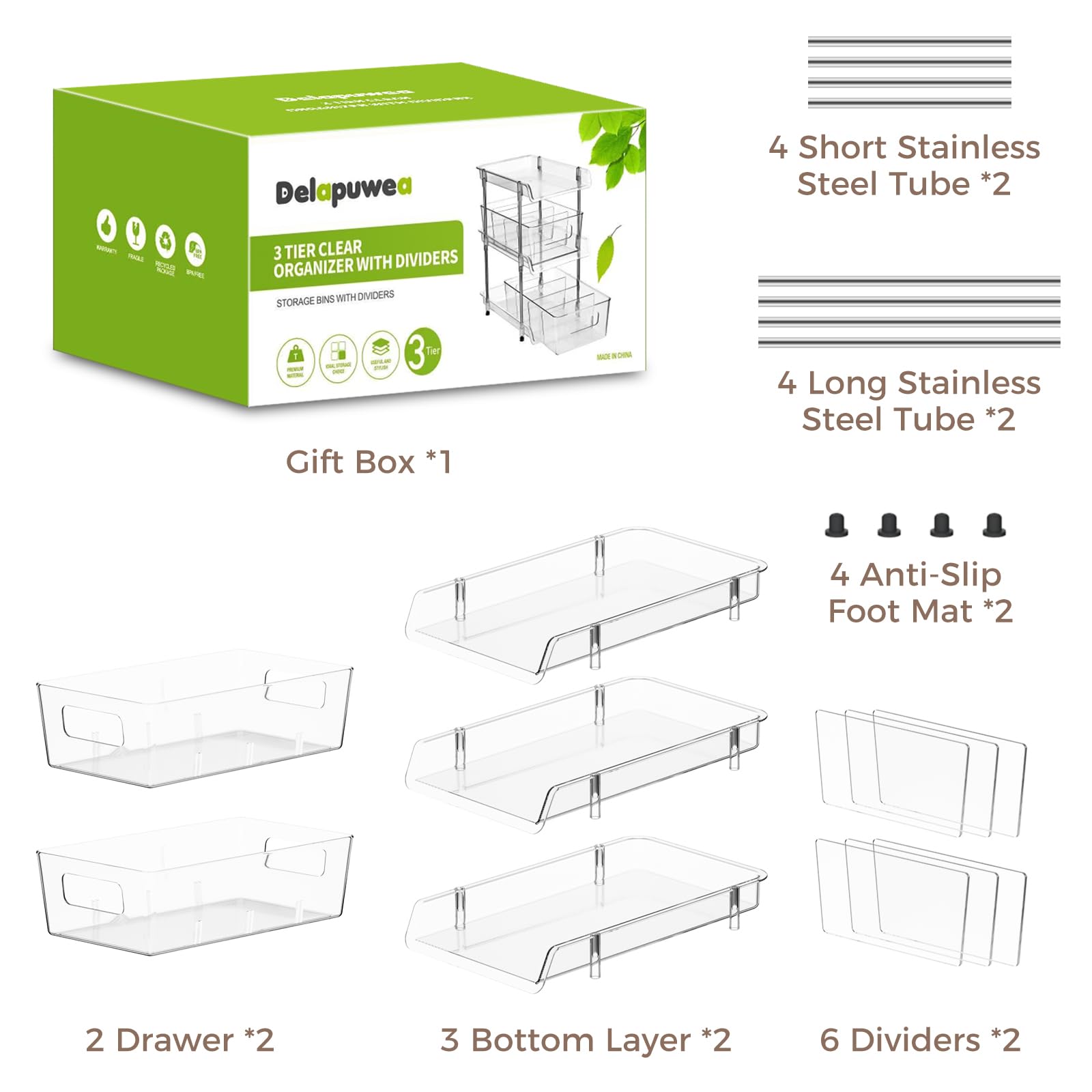 3 Tier Clear Bathroom Organizers, Pull Out Organizers and Storage, Slide Out Acrylic Drawer Organizer with 6 Dividers, Multi-Purpose Bathroom Organizer, Under Sink Organizer, Medicine Cabniet Bins