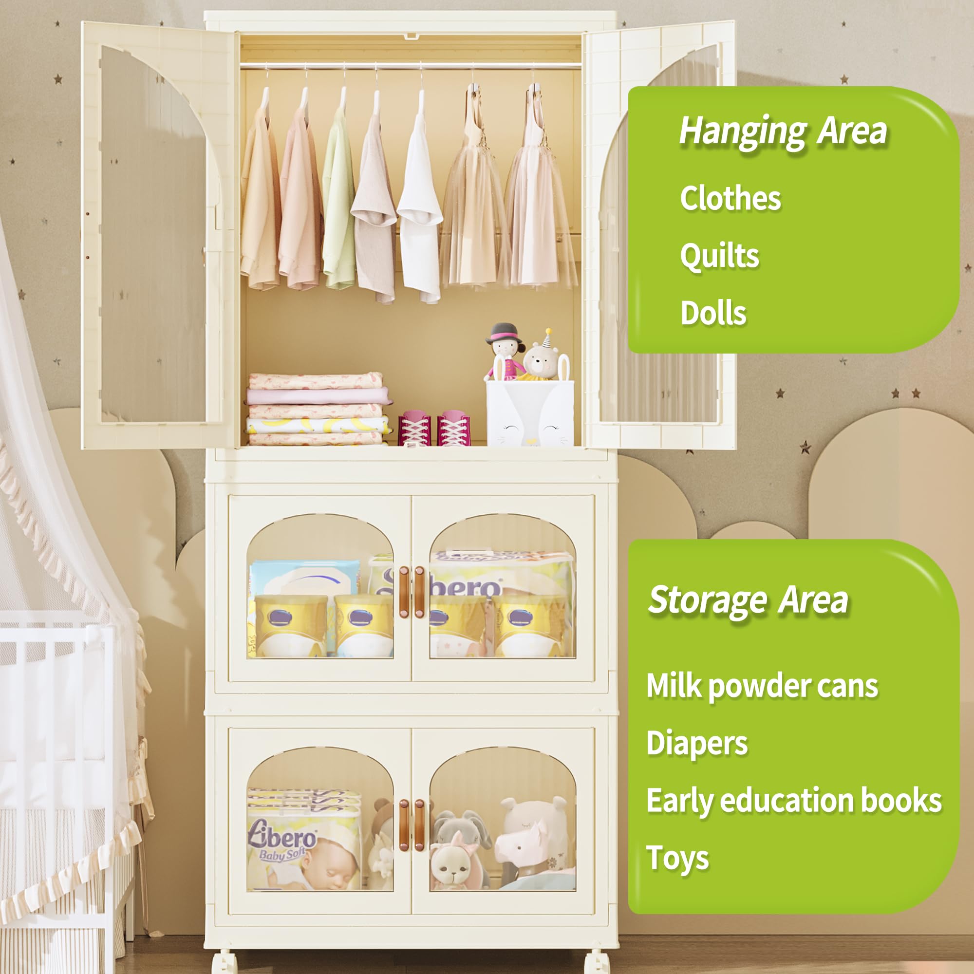 IVYROLL Stackable Storage Bins, Storage Bins with Lids, Plastic Storage Bins with Doors and Wheels, Collapsible Closet Organizers, 3 Pack Foldable Storage Box for Bedroom, Dorm Room