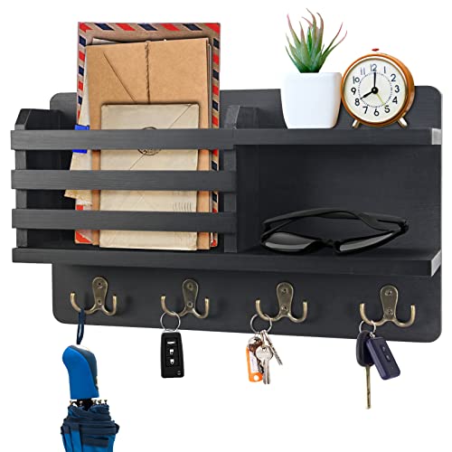 BEIUTAO Black Key Holder for Wall Mail Organizer Wall Mount with 4 Double Hooks for Coats,Key Rack Organizer for Wall Key Hanger Rack for Entryway Farmhouse Décor