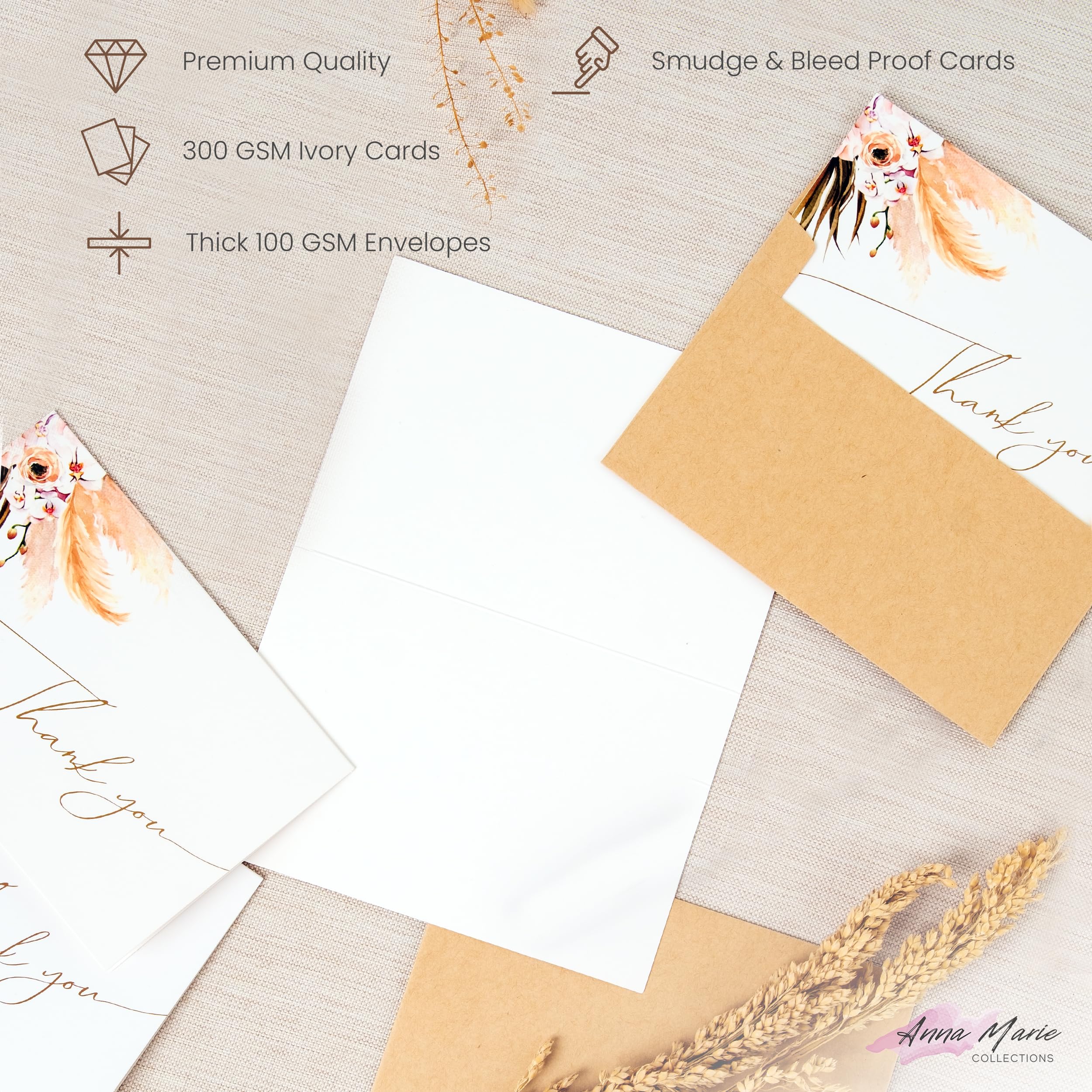 Anna Marie Collections 25 Pack Boho Thank You Cards with Envelopes Pampas Grass and Floral Design - Wedding, Bridal Shower, Baby Shower, Graduation, Baptism Cards - Blank Greeting Cards