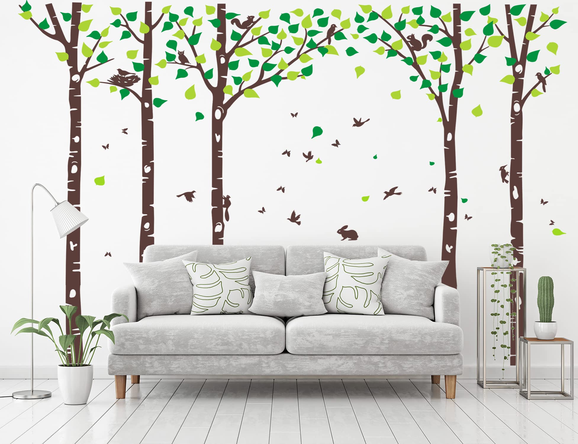 5 Large Birch Tree Wall Decals Jungle Tree Wall Stickers Forest Animal Wall Stickers Squirrel Rabbit Stickers for Kids Room Nursery Bedroom Living Room Classroom Wall Decoration (100", Brown,Green)