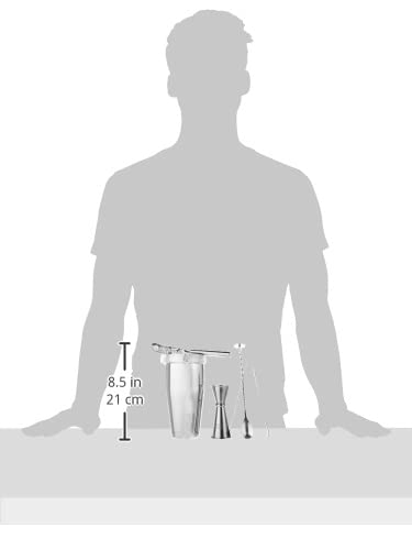 5 pc. Cocktail Shaker Bar Set by Tom Bullock's, The Original Tastemaker: 25 oz Stainless Steel Shaker, Double Measuring Jigger, Stirrer/Mixer Spoon, Strainer and Ice Tongs. Become The Ideal Bartender!