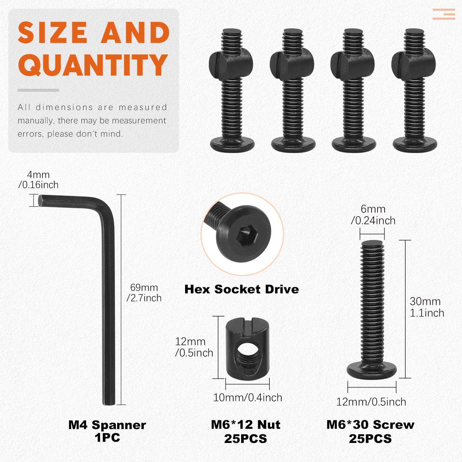 Rustark 25 Pcs M6x30mm Black Hex Socket Cap Screws Barrel Nuts Kit, Baby Bed Crib Screws Hardware Replacement Kit with One Free Hex Key for Crib Bed Cots Furniture